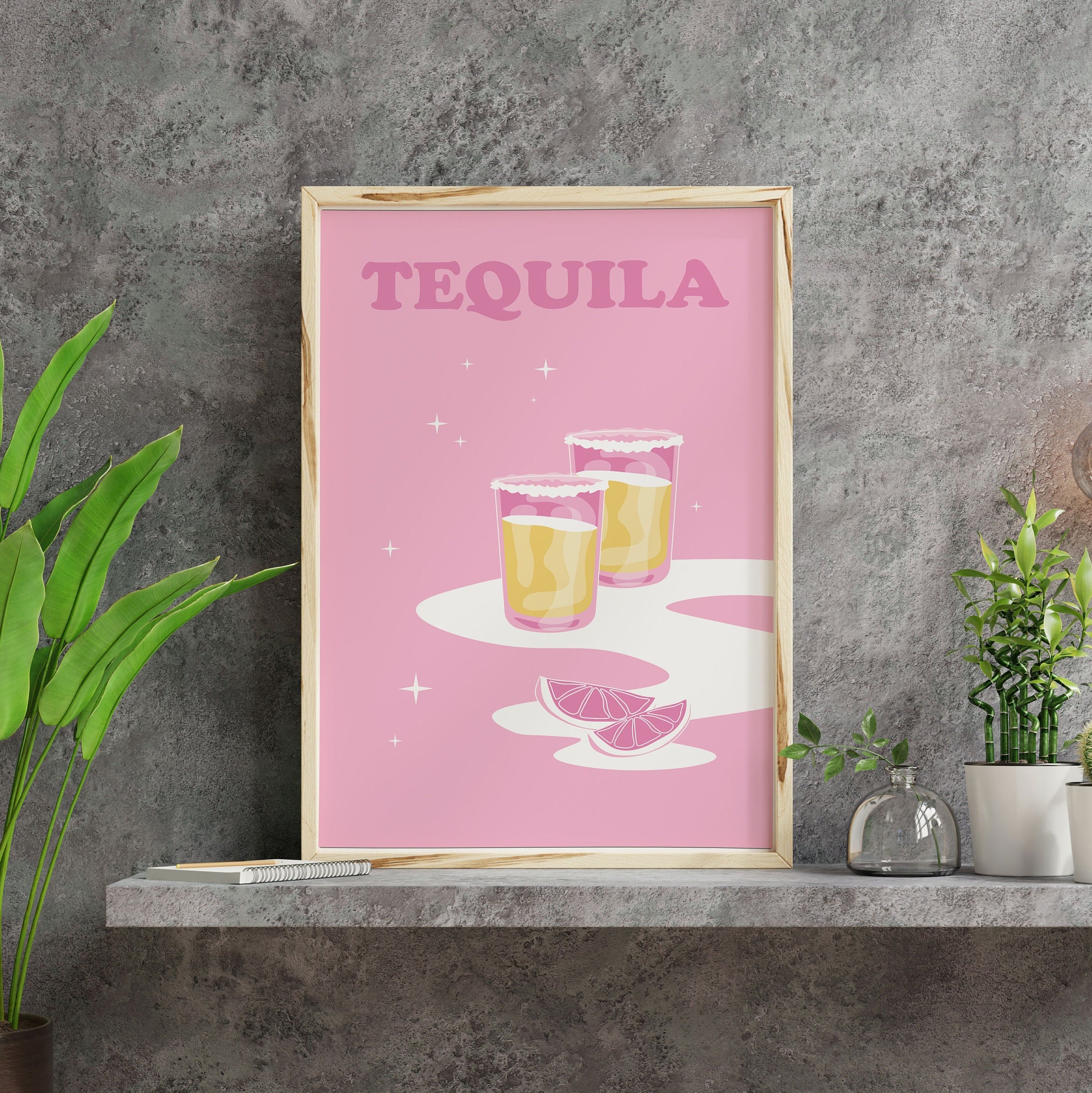 Tequila Illustration Trendy Retro Print Yellow Tequila - Etsy