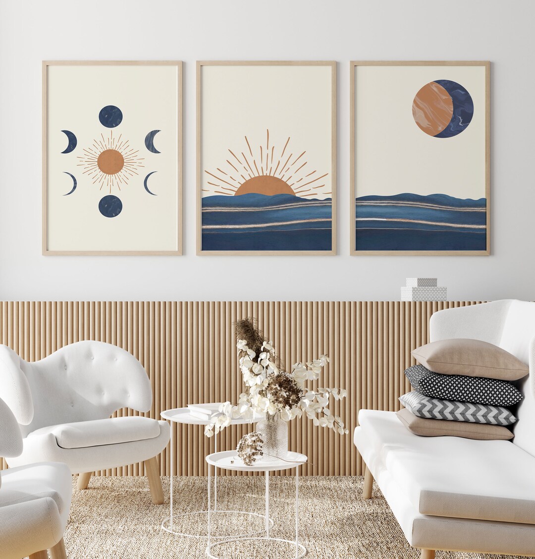 Celestial Sun and Moon Wall Art Boho Sun Rise Art Moon Phases Print ...