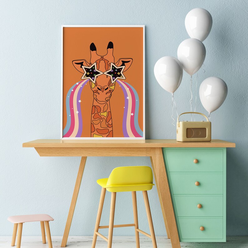 Retro Giraffe Print Funky Giraffe Wall Art With Rainbow - Etsy