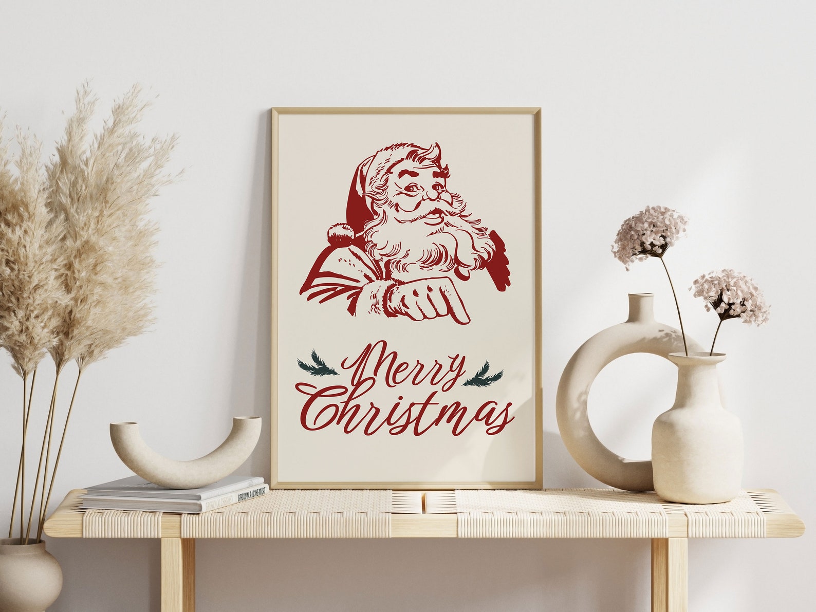 Merry Christmas Santa Print, Boho Christmas Printable Art, Trendy Retro ...