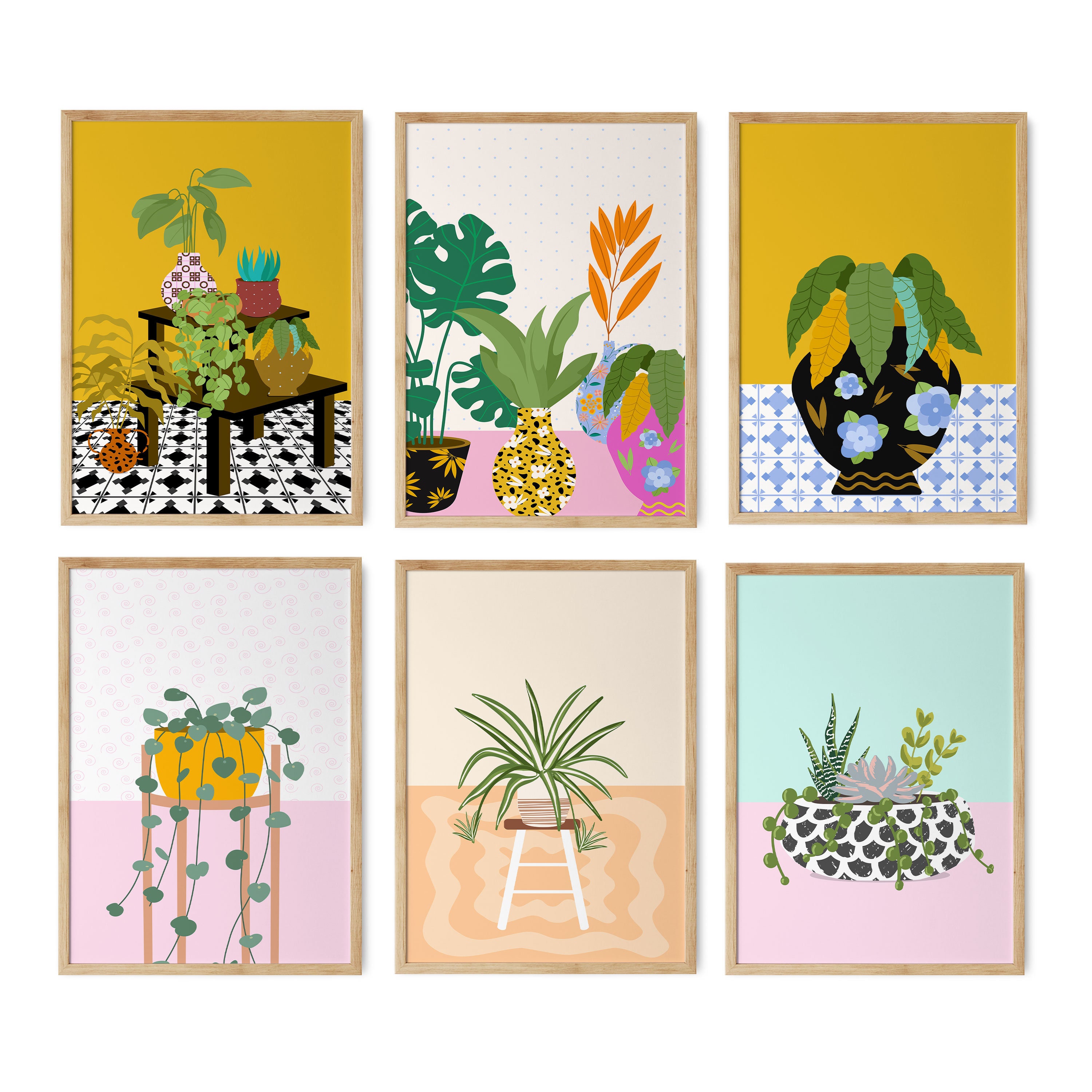 Trendy Retro House Plants, Colorful Gallery Wall Art, Funky Botanical ...