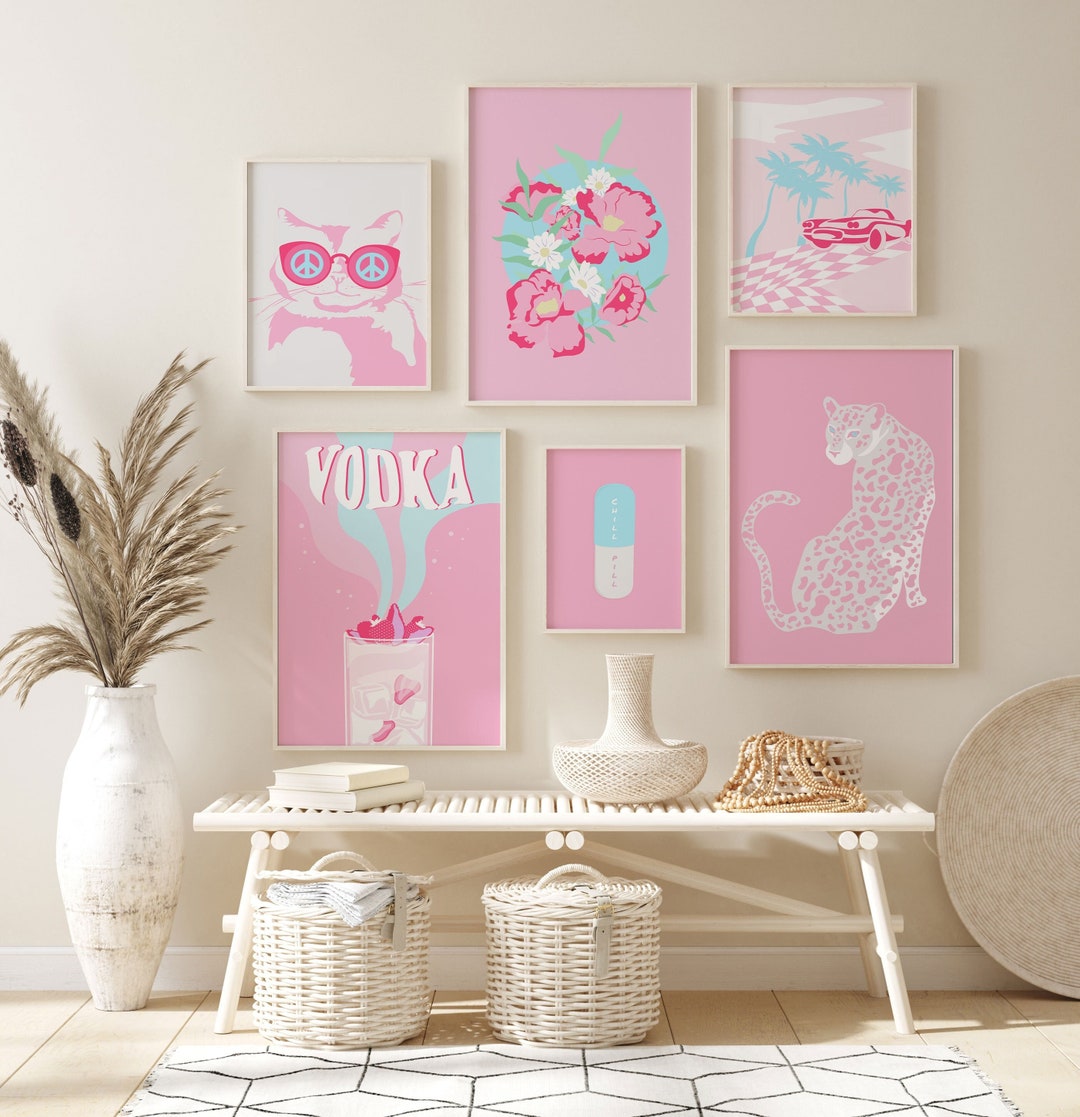 Trendy Gallery Wall Art Print Set, Retro Art Print Bundle Set, 6 Pink ...