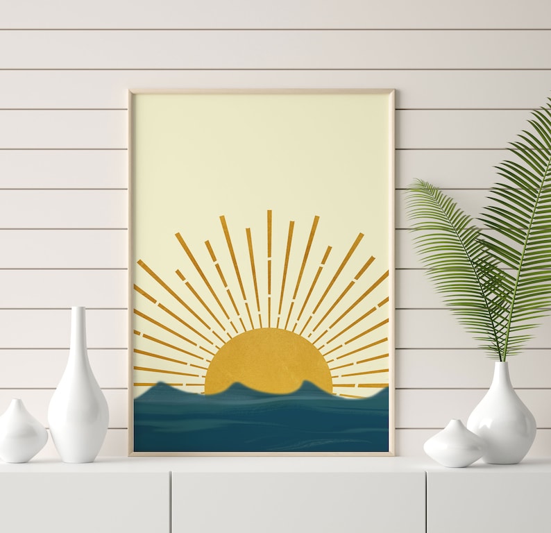 Yellow Sun Blue Sea Print, Boho Sun Poster, Neutral Nursery Wall Art ...