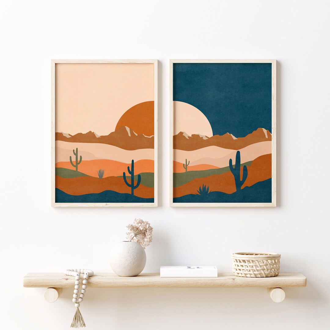 Sun Moon Boho Art Abstract Art, Modern Wall Art Set of 2 Desert Prints ...