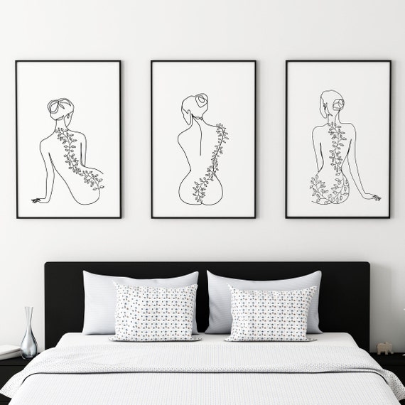 Line Art Set of 3 Women & Leaves on Back Printable Wall Art | Etsy
