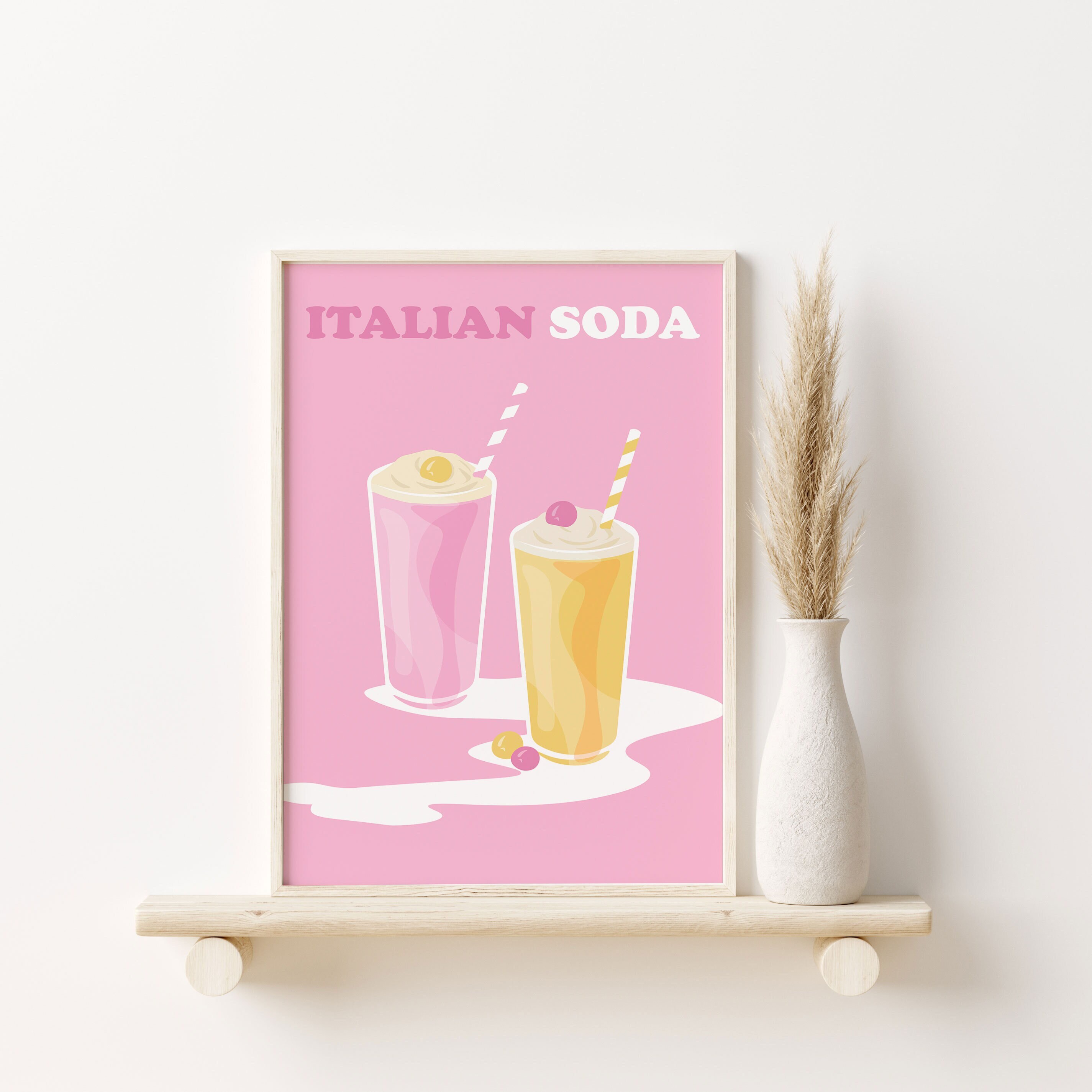 Pink and Yellow Drink Print Retro Poster Cute Modern Wall - Etsy
