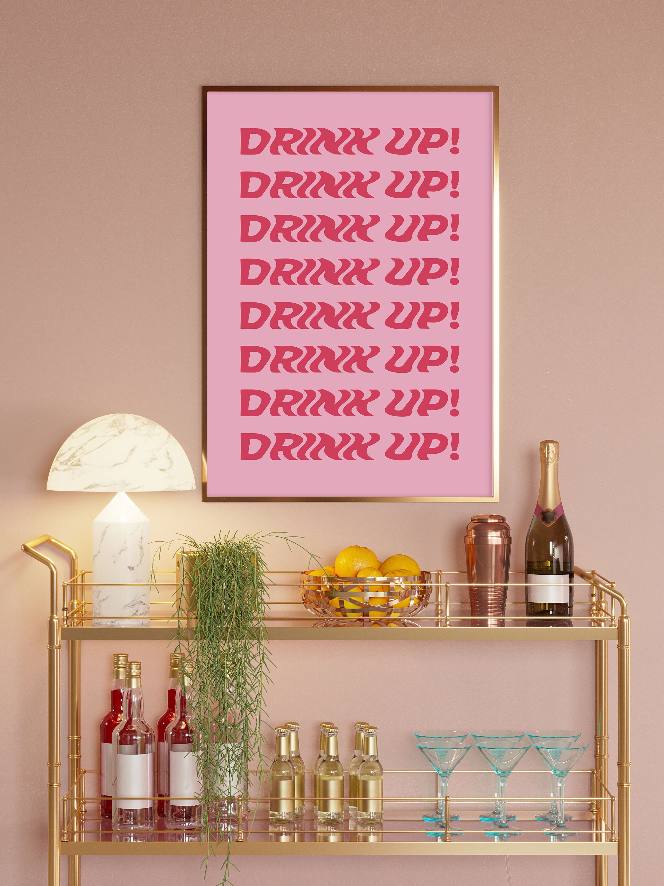 Cute Pink and Red Bar Cart Poster | Bar Cart Art | Colorful Bar Cart ...