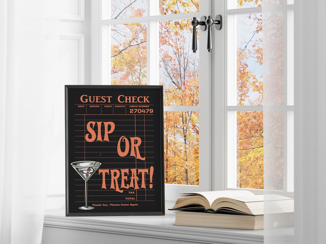 Halloween Print, Bar Cart Art, Sip or Trick, Orange and Black Guest ...