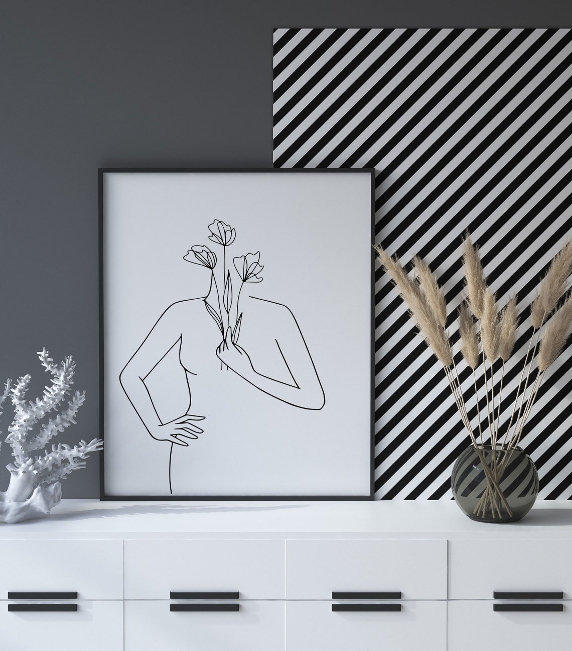 Woman Body Line Art With Flower Head, Modern Minimalist Art, Line Art ...