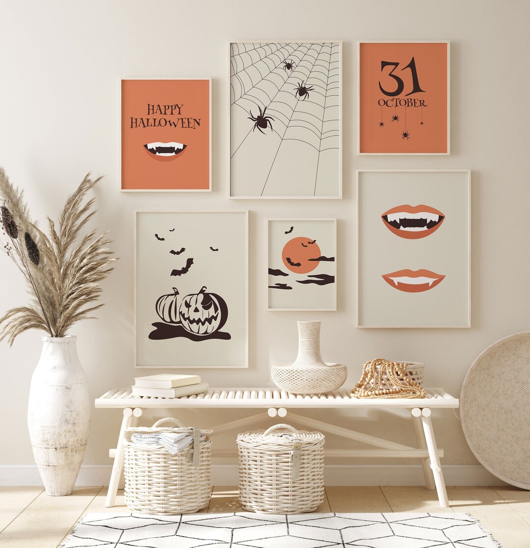 Trendy Halloween Print Set, Printable Halloween Poster Bundle, Neutral ...
