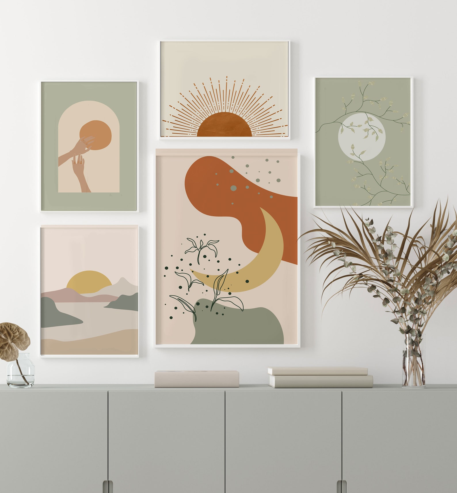 Boho Gallery Wall Print Set, Modern Boho Prints, Matching Rust Poster ...