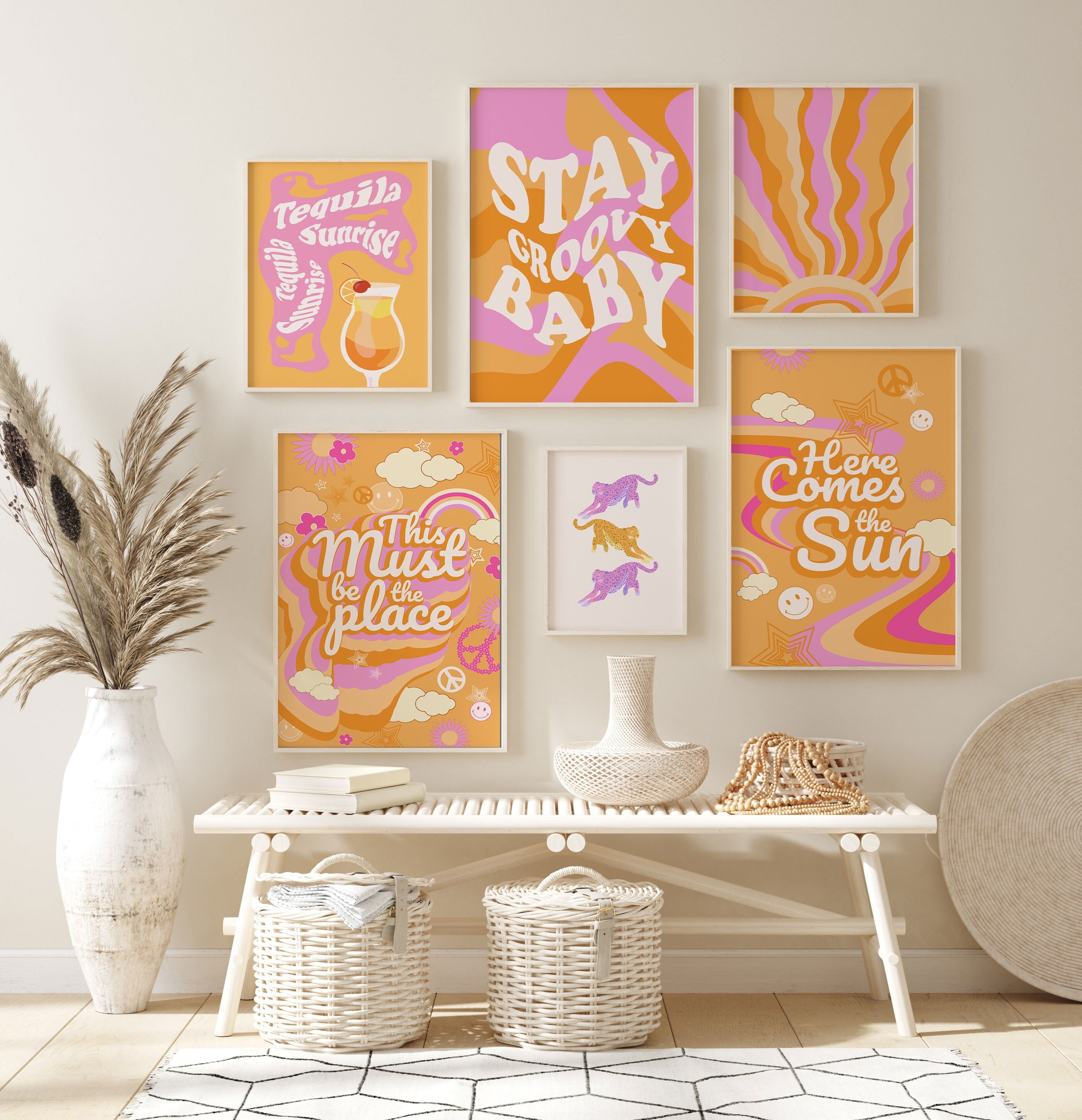 Trendy Gallery Wall Prints, Retro Art Print Bundle S70s Aesthetic Pink ...