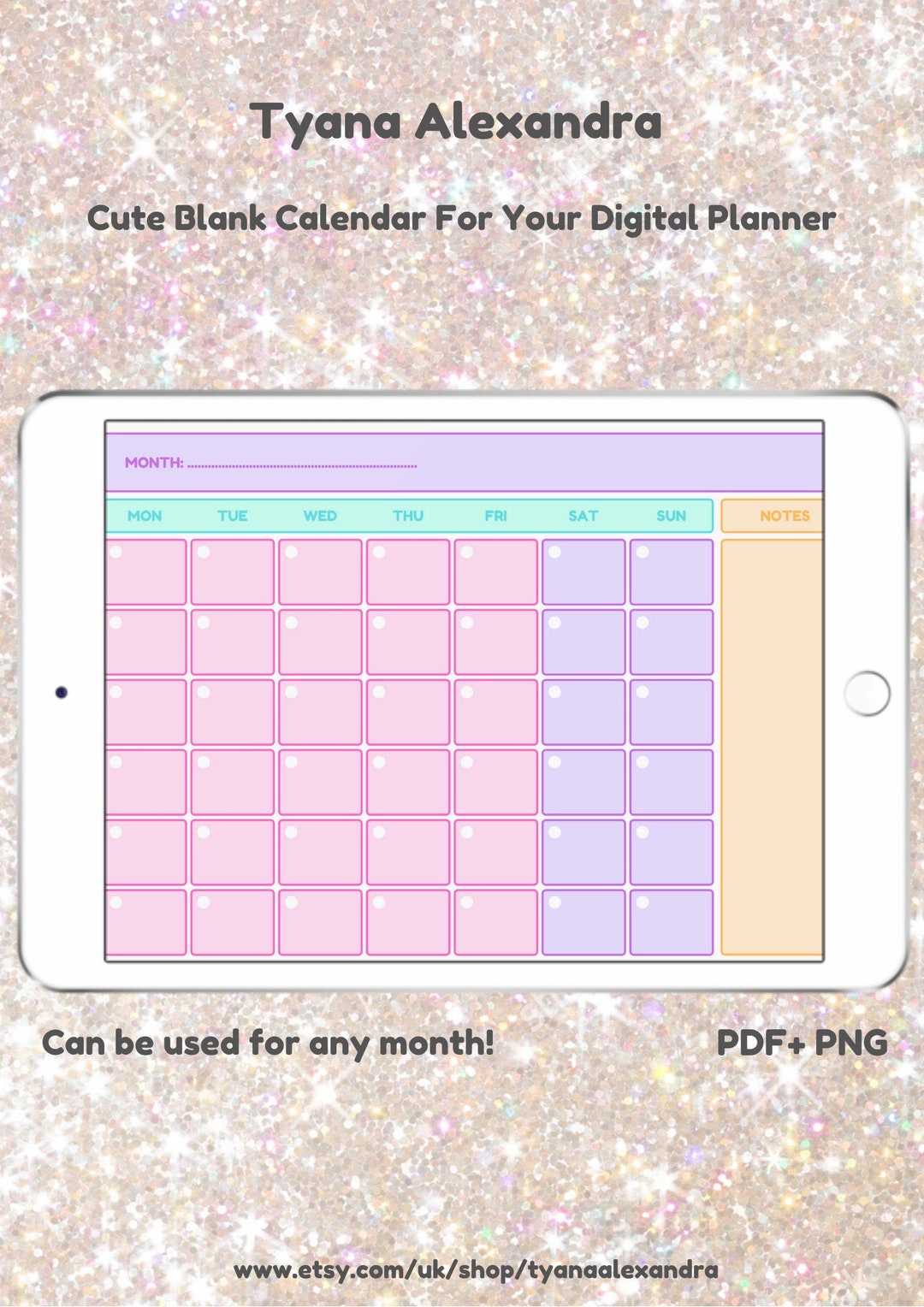 Cute Digital Calendar, Blank Digital Calendar , Any Month Digital ...