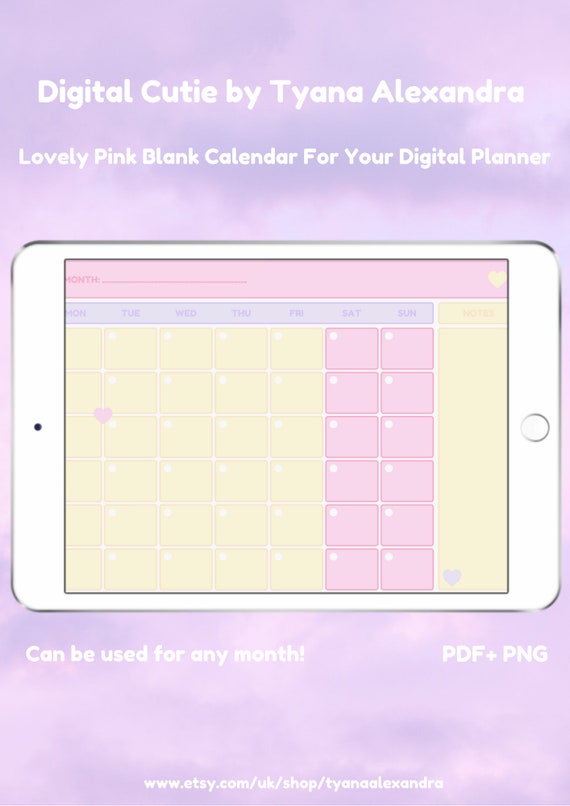 Lovely Pink Digital Calendar Blank Digital Calendar Any | Etsy