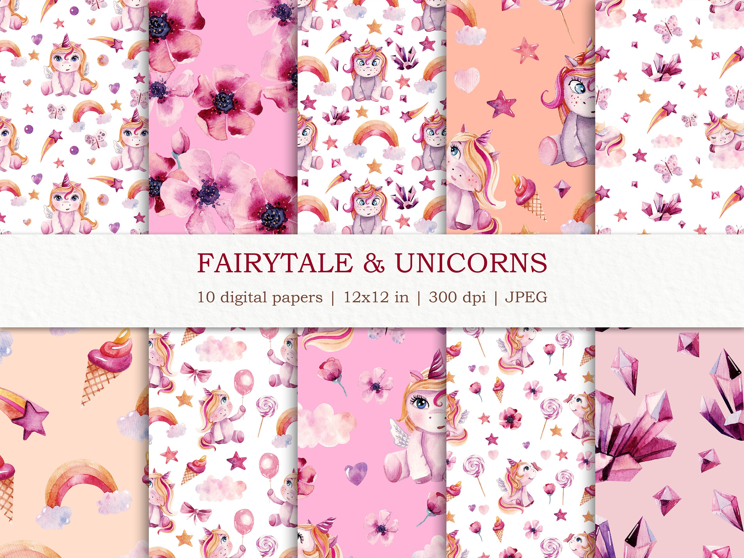 Watercolor Unicorns Digital Paper. Cute fairytale characters. | Etsy