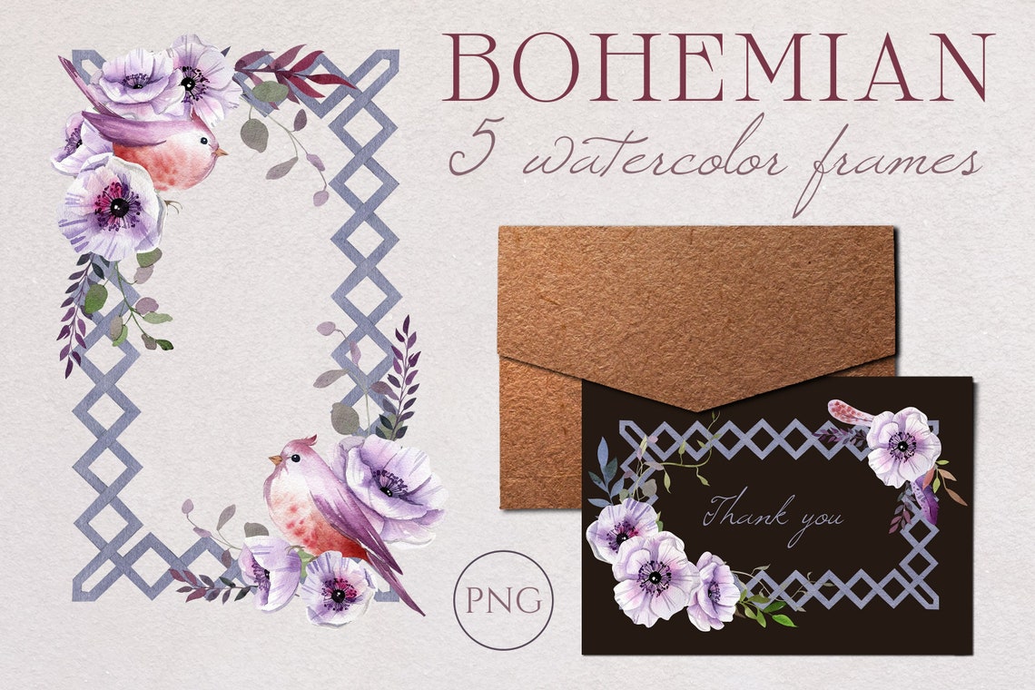 Watercolor Boho Frames PNG With Flowers Birds and Greenery. - Etsy