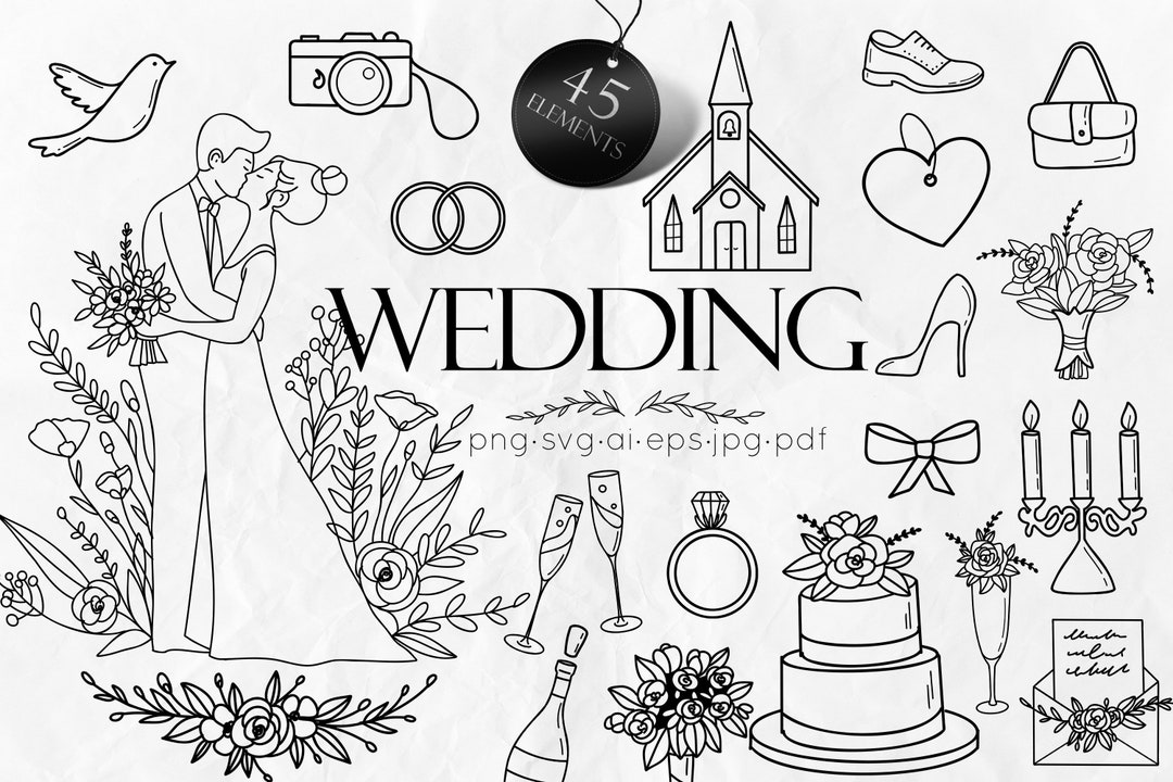 Wedding Svg, Wedding Clipart Illustrations, Wedding Doodles Svg, Bride ...