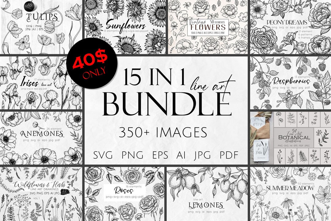 Bundle Flowers Line Art Svg, Sunflowers Svg Png, Peonies Svg, Poppy Svg ...