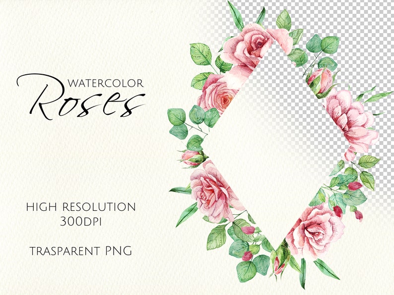Watercolor Floral Frames. Pink Roses. Digital Clipart. - Etsy