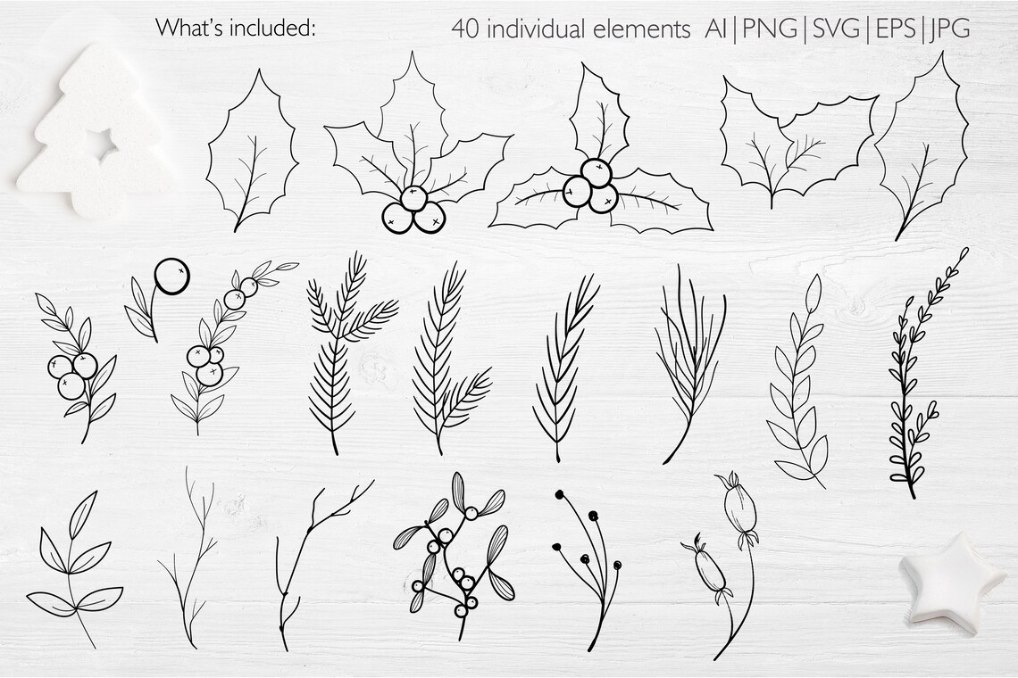 Christmas Clipart SVG PNG, Vector Christmas Line Art Clipart, Christmas ...