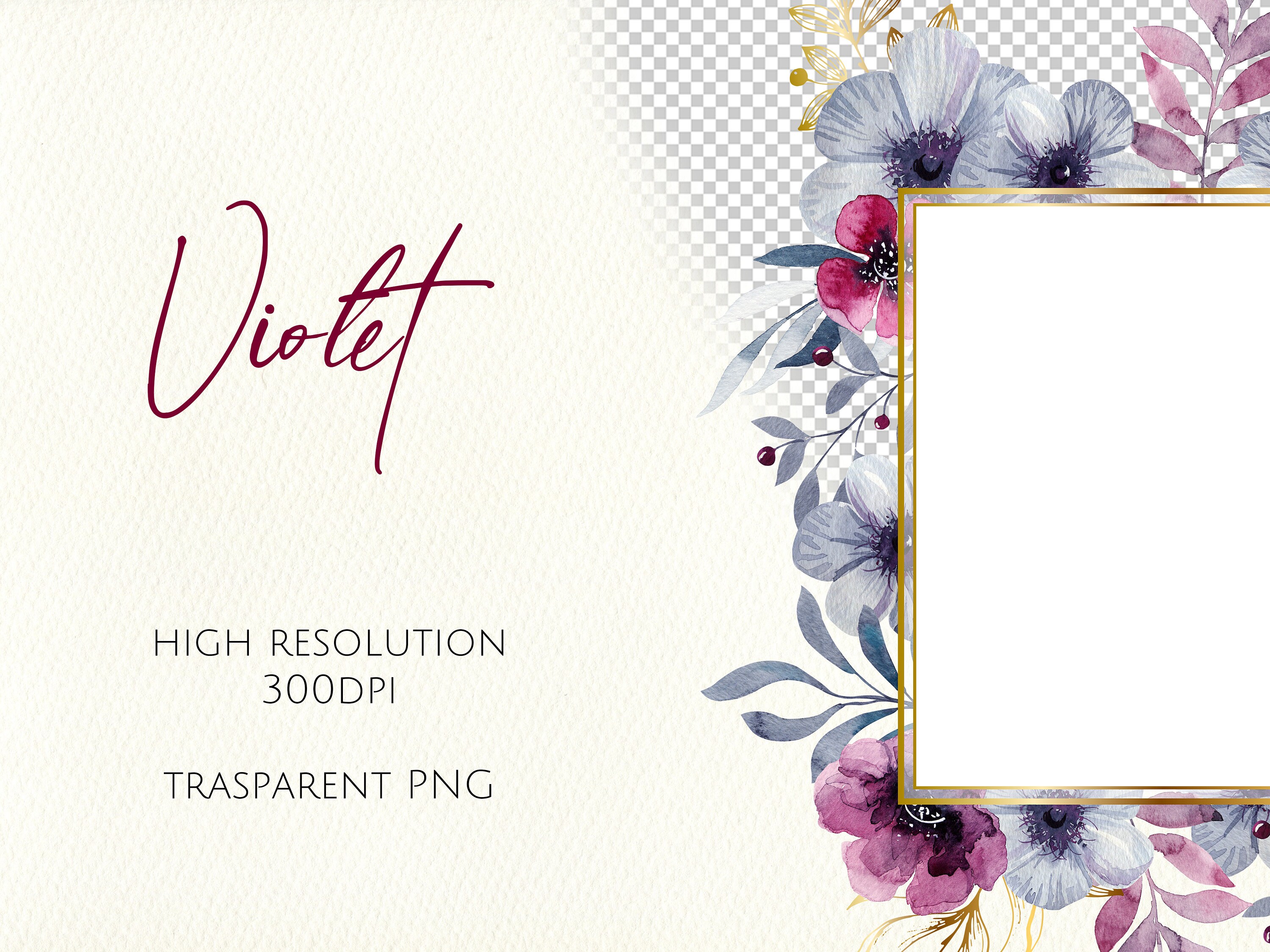 Watercolor Violet Gold Frame Clipart Illustration. Purple Flowers. Boho ...