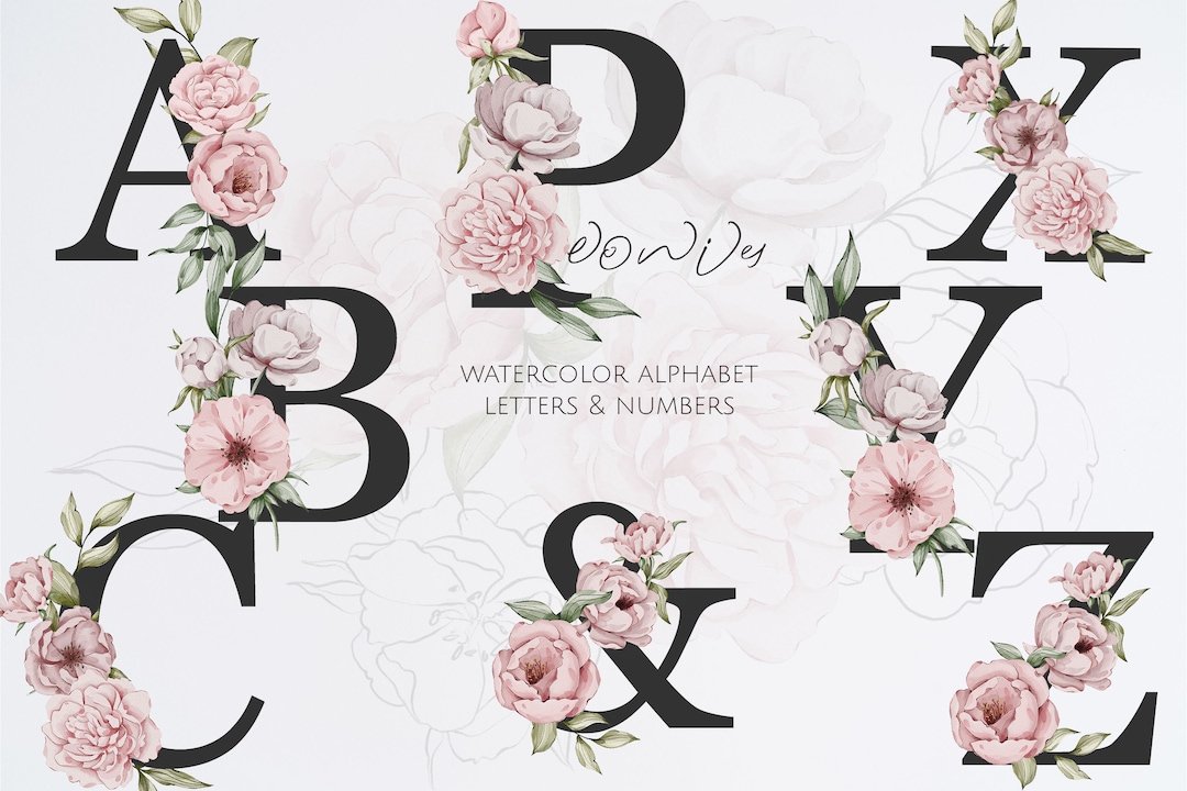 Floral Alphabet Watercolor, Letters and Numbers, Peonies Watercolor ...