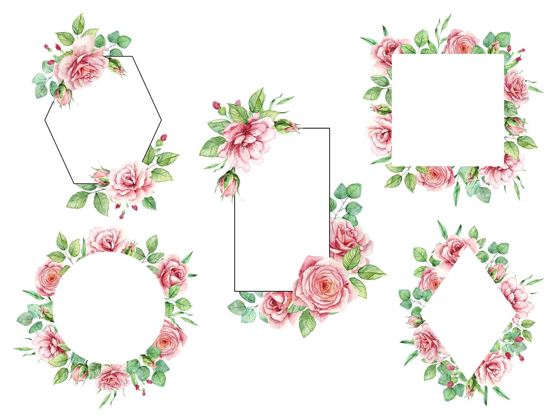 Watercolor Floral Frames. Pink Roses. Digital Clipart. - Etsy