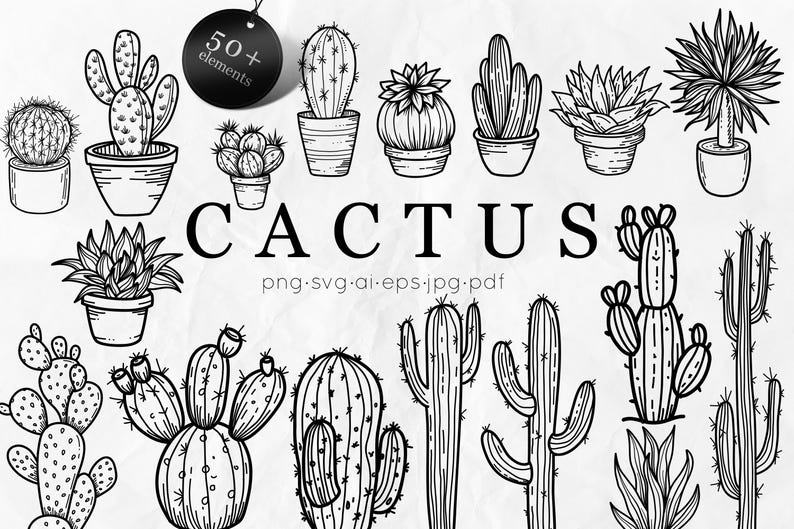 Cactus SVG Bundle | Desert Plant Clipart | Line Art Cactus Cut Files ...