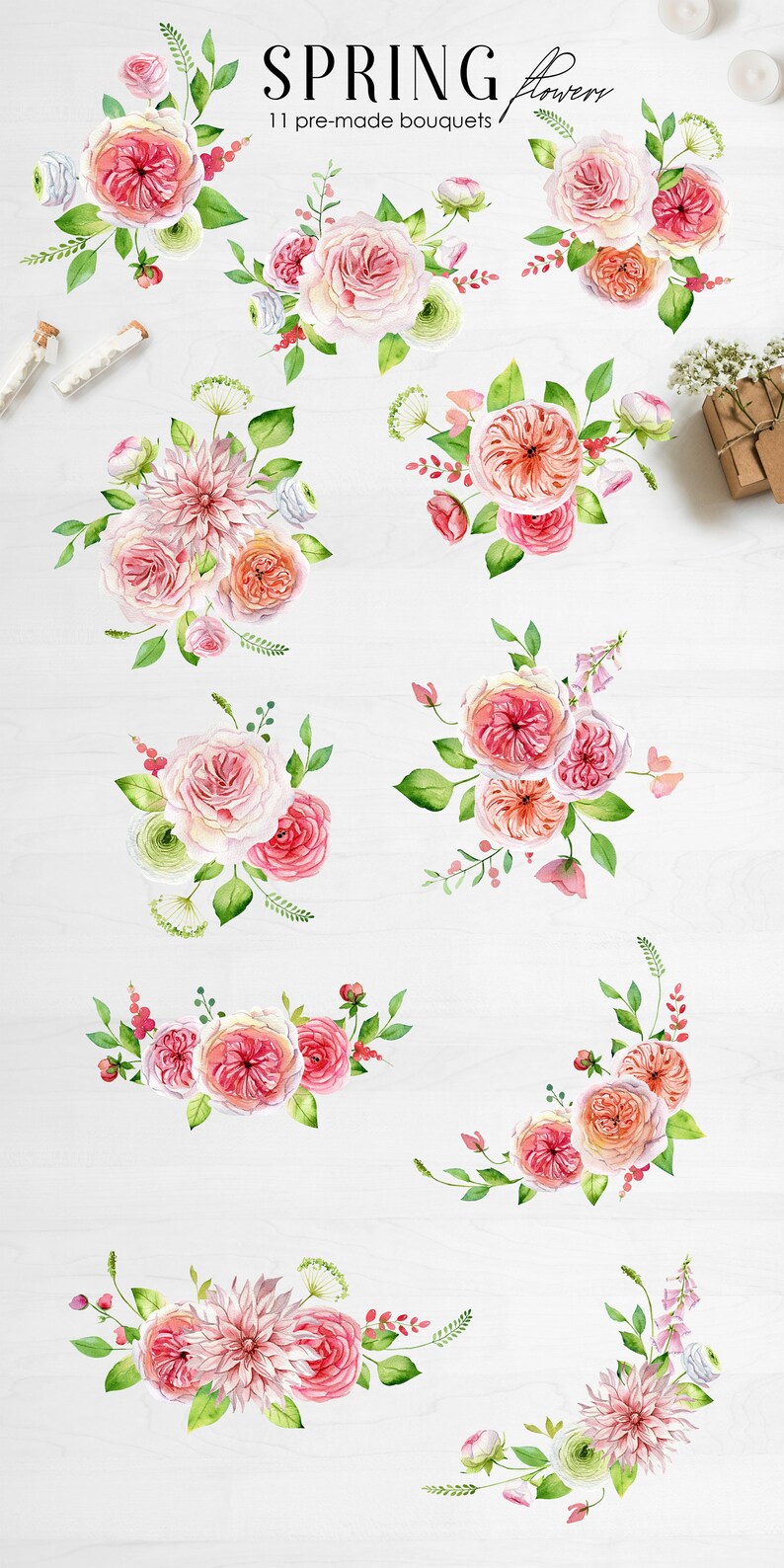 Watercolor Floral Clipart, Roses Watercolor Clipart, Spring Flowers PNG ...
