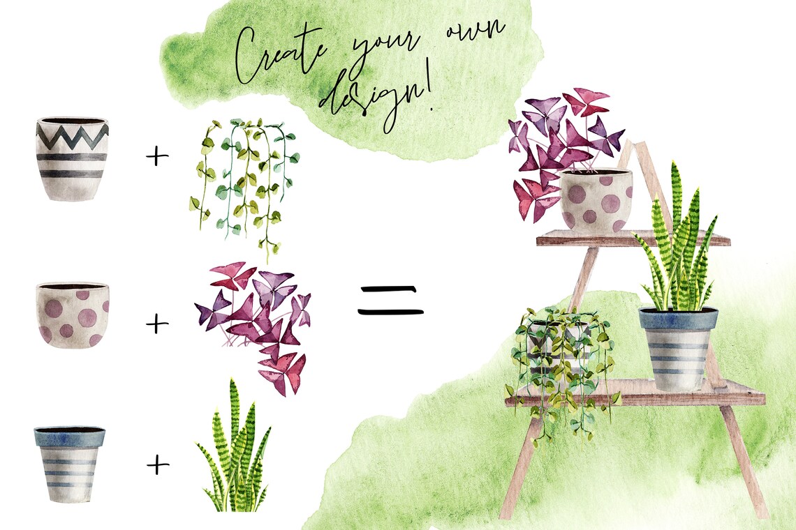 Watercolor Indoor Plants Clipart. House Greenery. Wedding Invitation ...