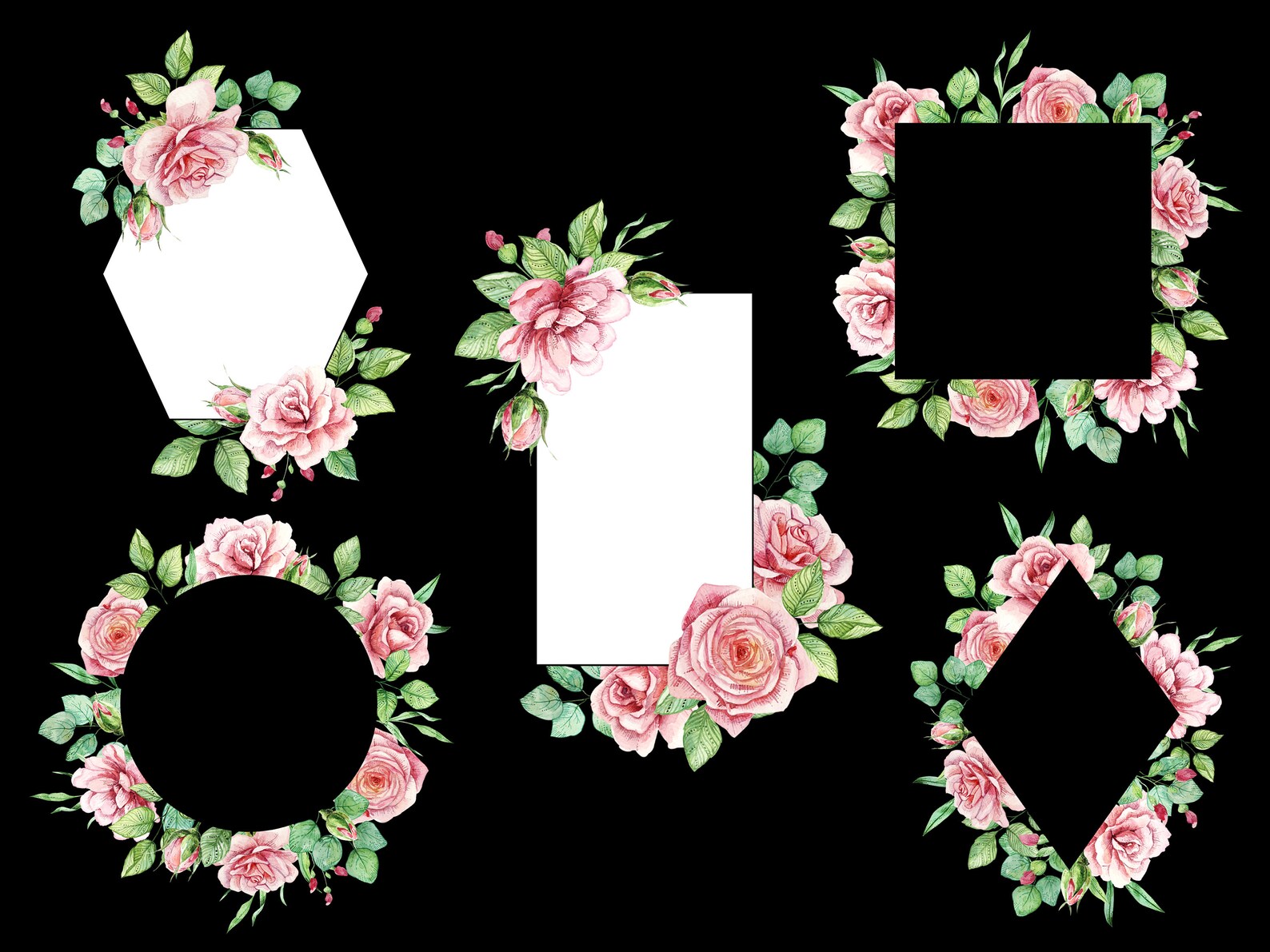 Watercolor Floral Frames. Pink Roses. Digital Clipart. - Etsy