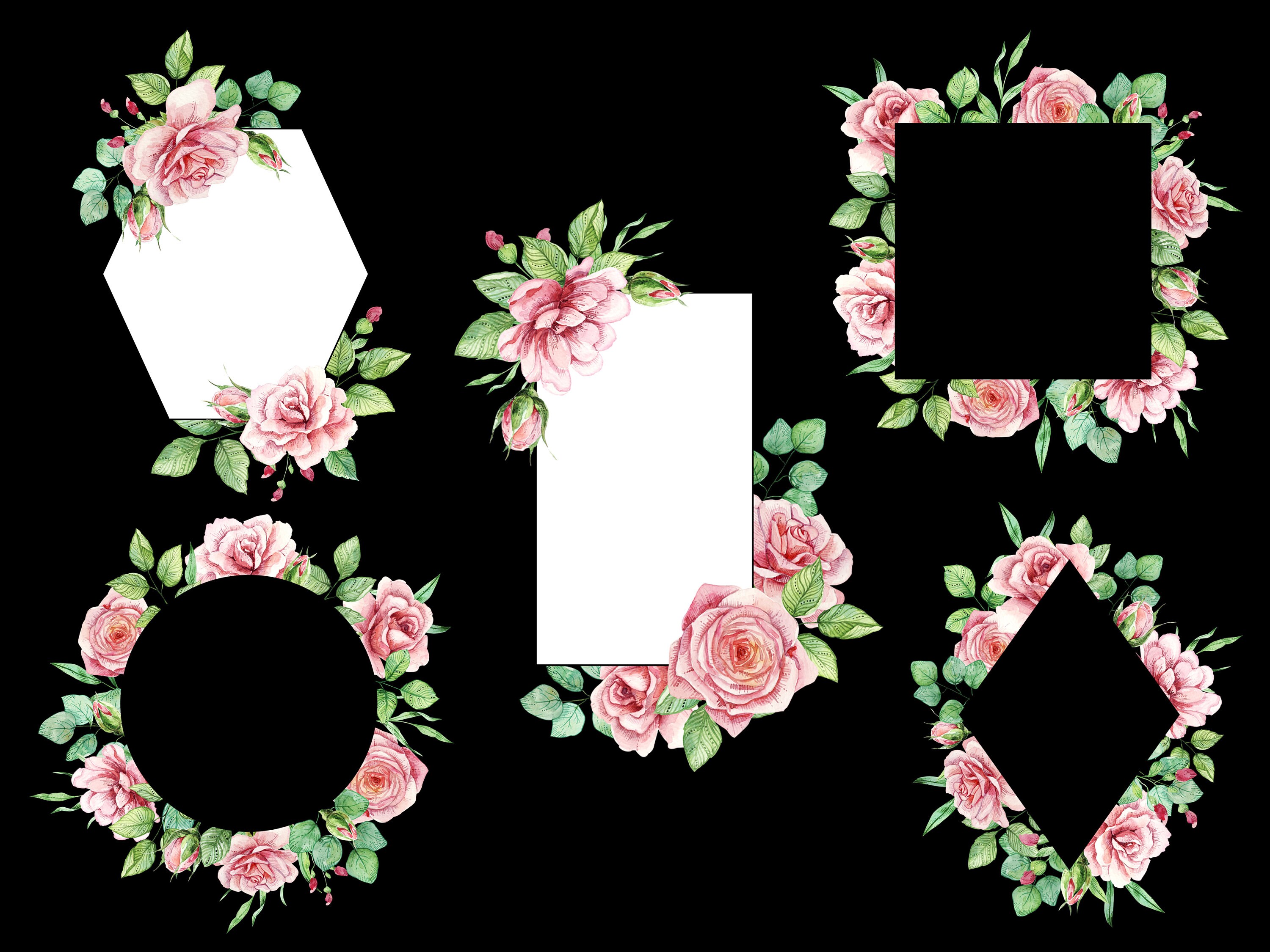 Watercolor Floral Frames. Pink Roses. Digital Clipart. - Etsy
