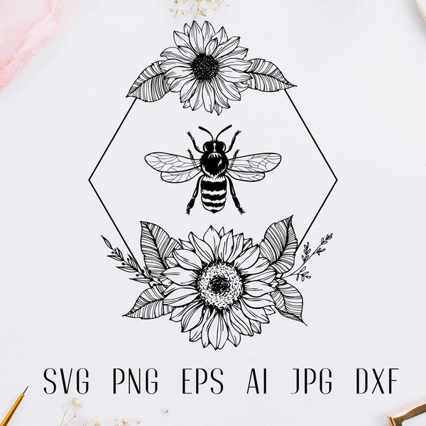 Flower Bee Line Art Svg - Etsy