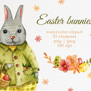 Watercolor Easter clipart. Cute easter bunnies and floral | Etsy