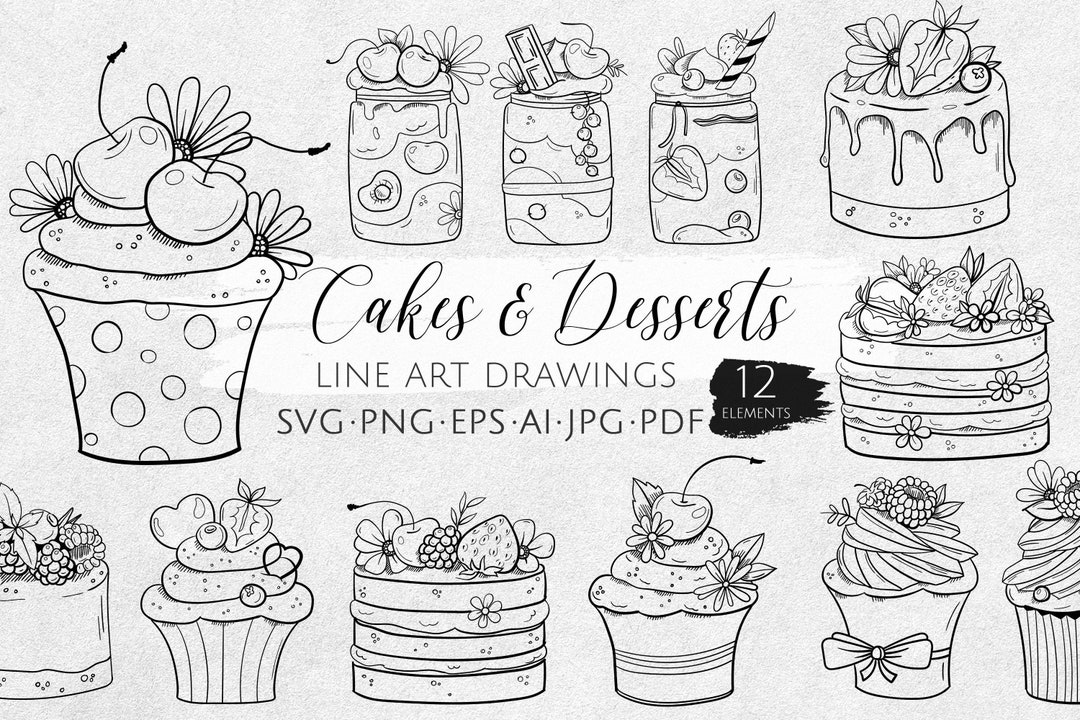 Cakes SVG Clipart, Outline Desserts SVG, Sweets Line Art, Hand Drawn ...