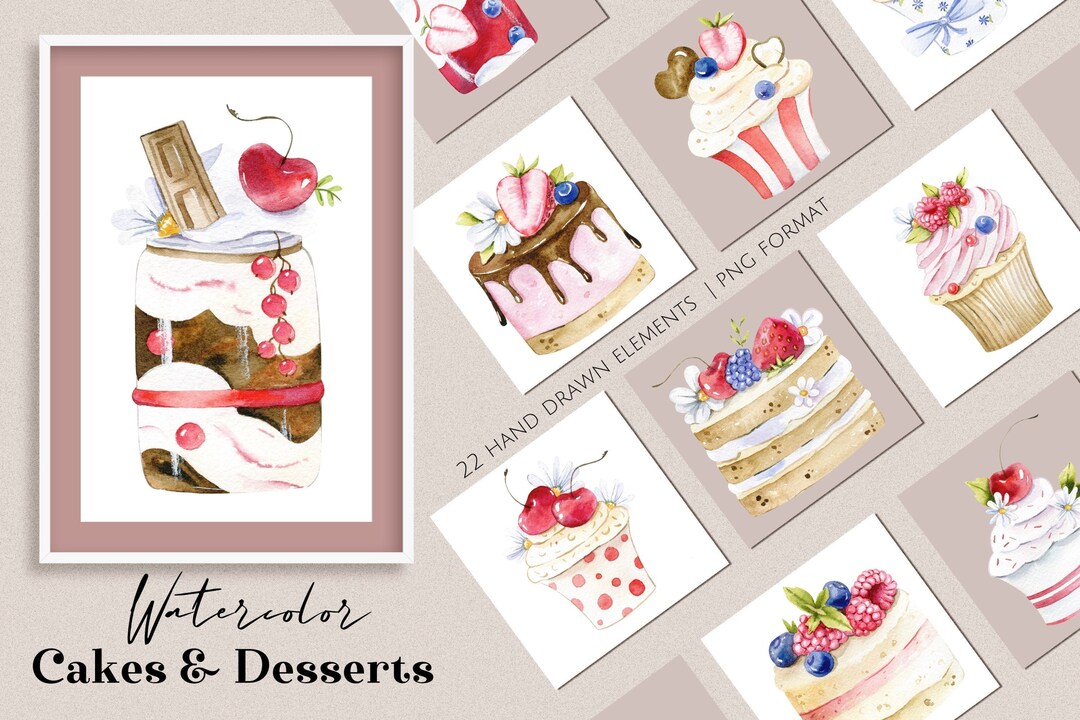 Watercolor Cake PNG, Cupcake PNG, Dessert Clipart, Watercolor Food ...