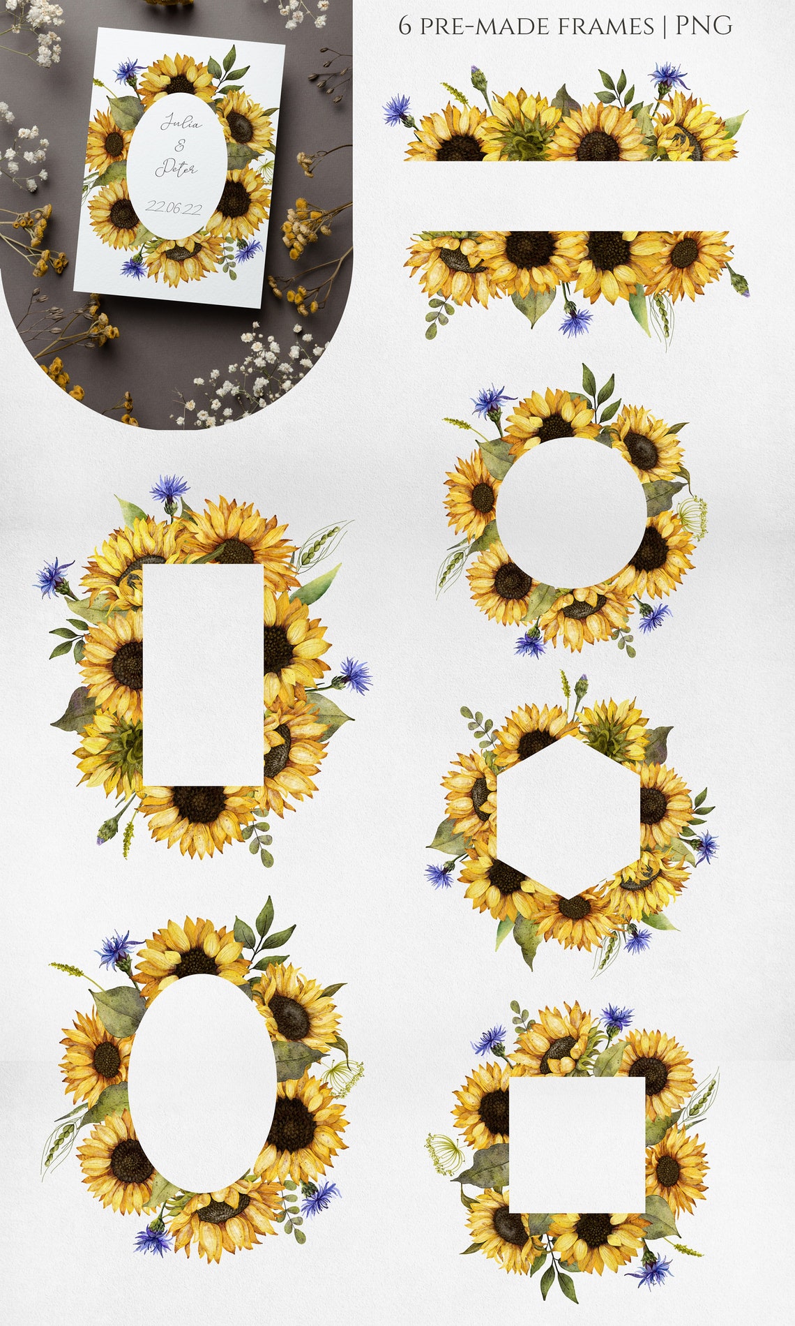 Watercolor Sunflowers Frames Sunflower Clipart Floral Frames - Etsy