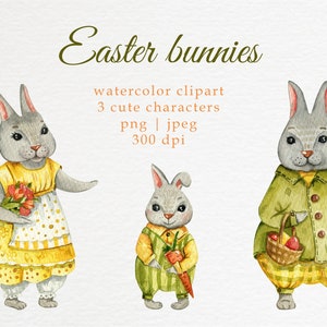Watercolor Easter clipart. Cute easter bunnies and floral | Etsy