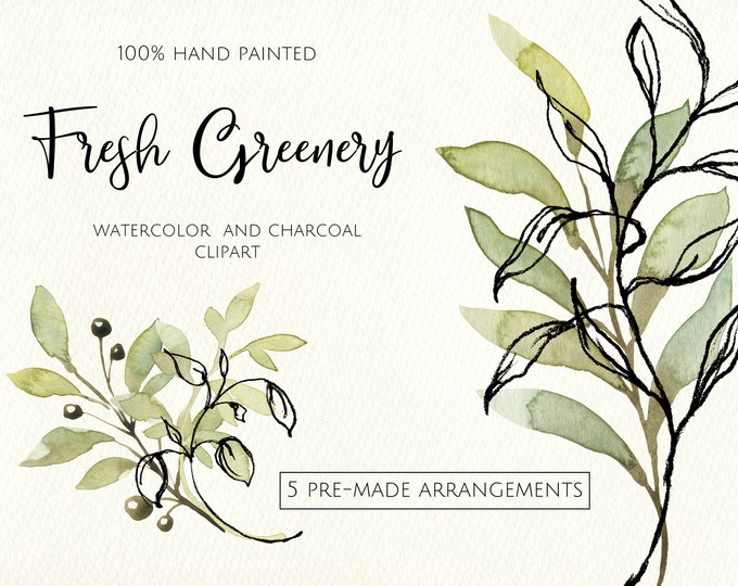 Watercolor Greenery Clipart. Watercolor and Charcoal. - Etsy