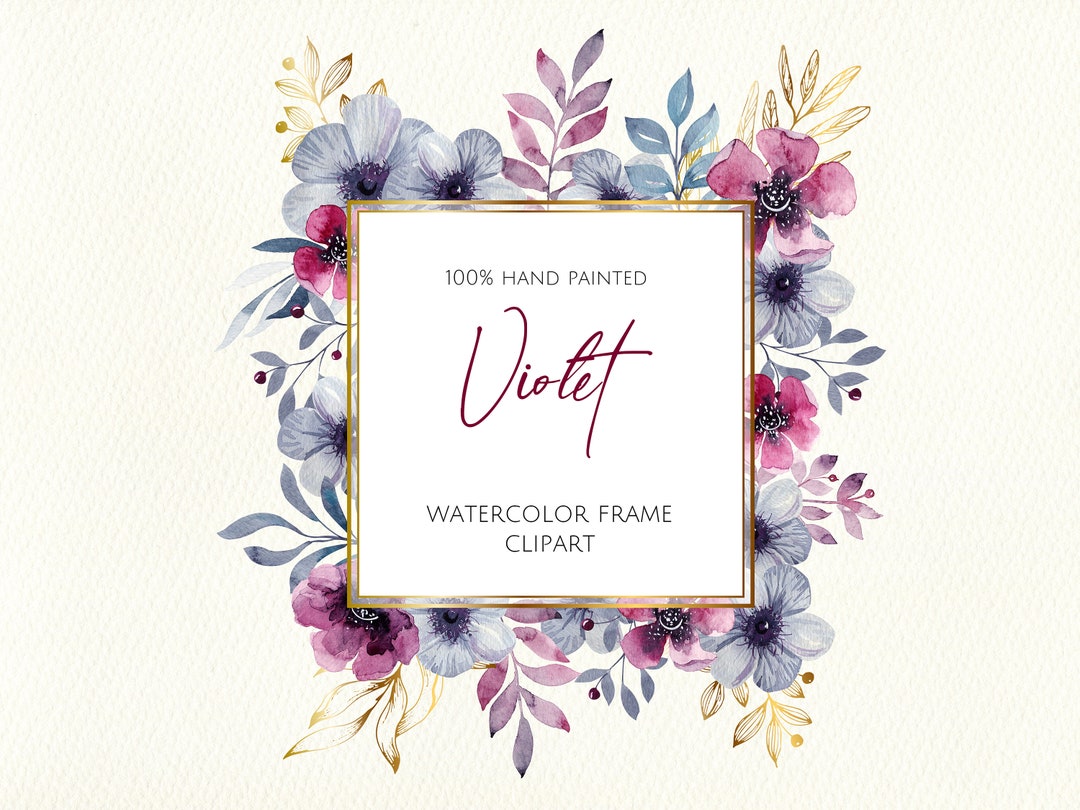 Watercolor Violet Gold Frame Clipart Illustration. Purple Flowers. Boho ...