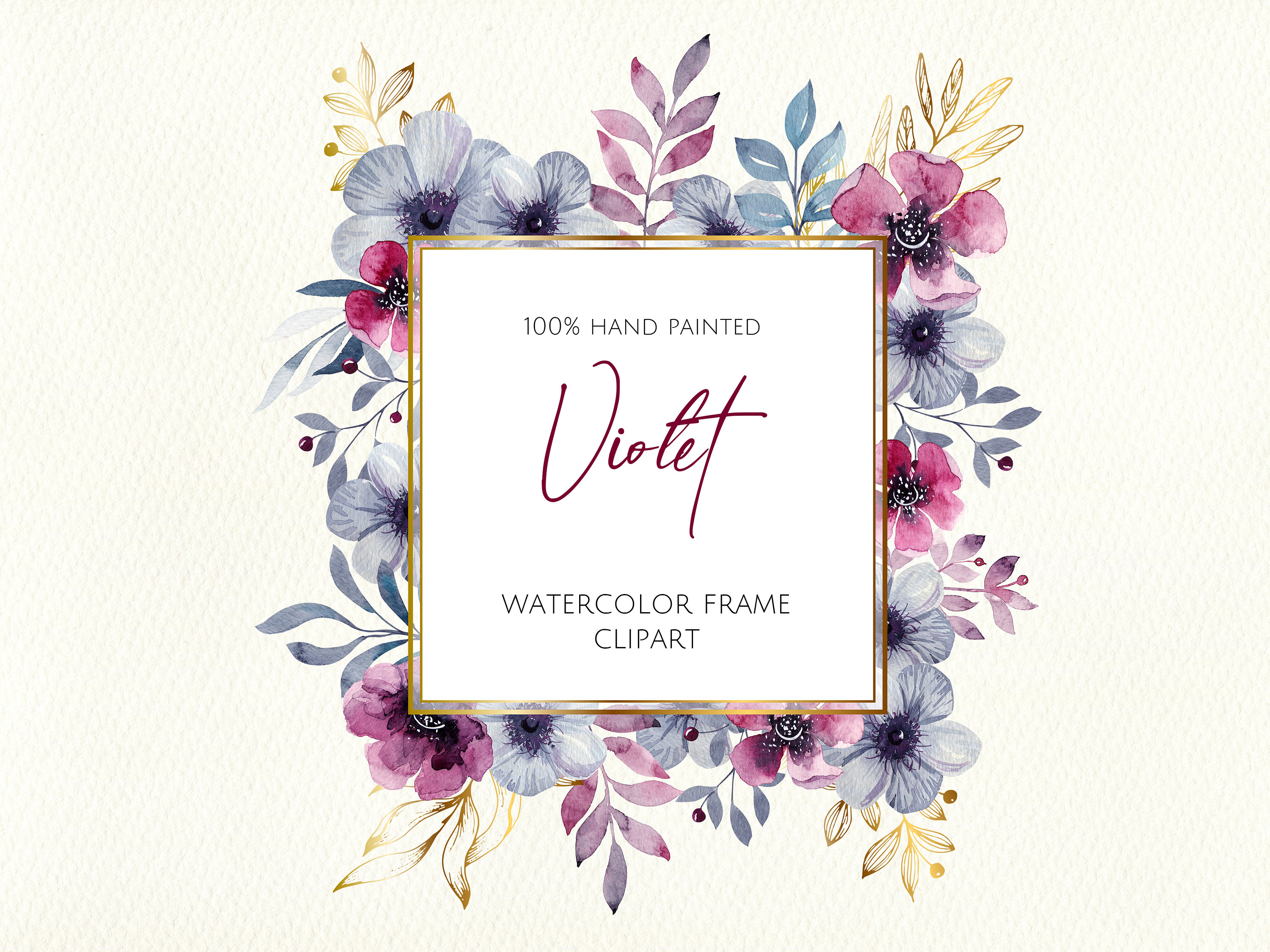Watercolor Violet Gold Frame Clipart Illustration. Purple - Etsy