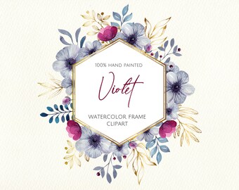 Watercolor Violet Gold Frame Clipart illustration. Purple | Etsy