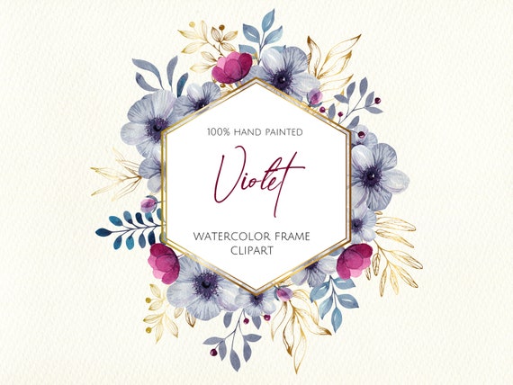 Watercolor Violet Gold Frame Clipart Illustration. Purple - Etsy