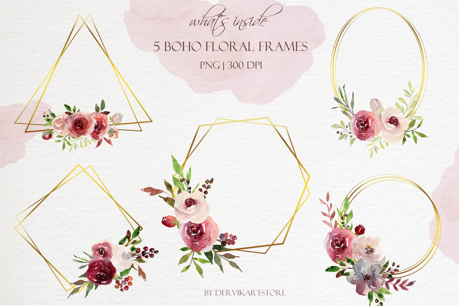 Watercolor Boho Floral Geometric Frames Clipart. Burgundy | Etsy