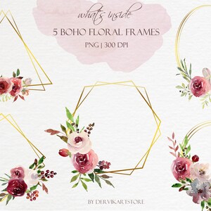 Watercolor Boho Floral Geometric Frames Clipart. Burgundy Flowers ...