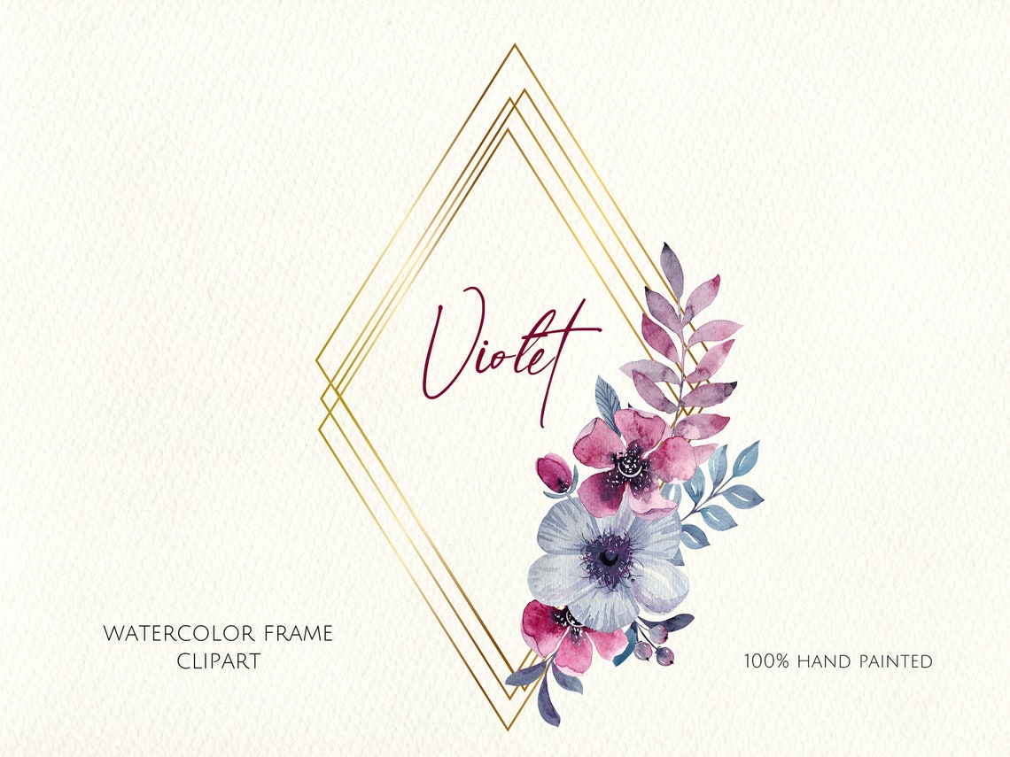 Watercolor Violet Gold Frame Clipart Illustration. Purple Flowers. Boho ...