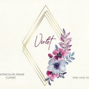 Watercolor Violet Gold Frame Clipart Illustration. Purple Flowers. Boho ...