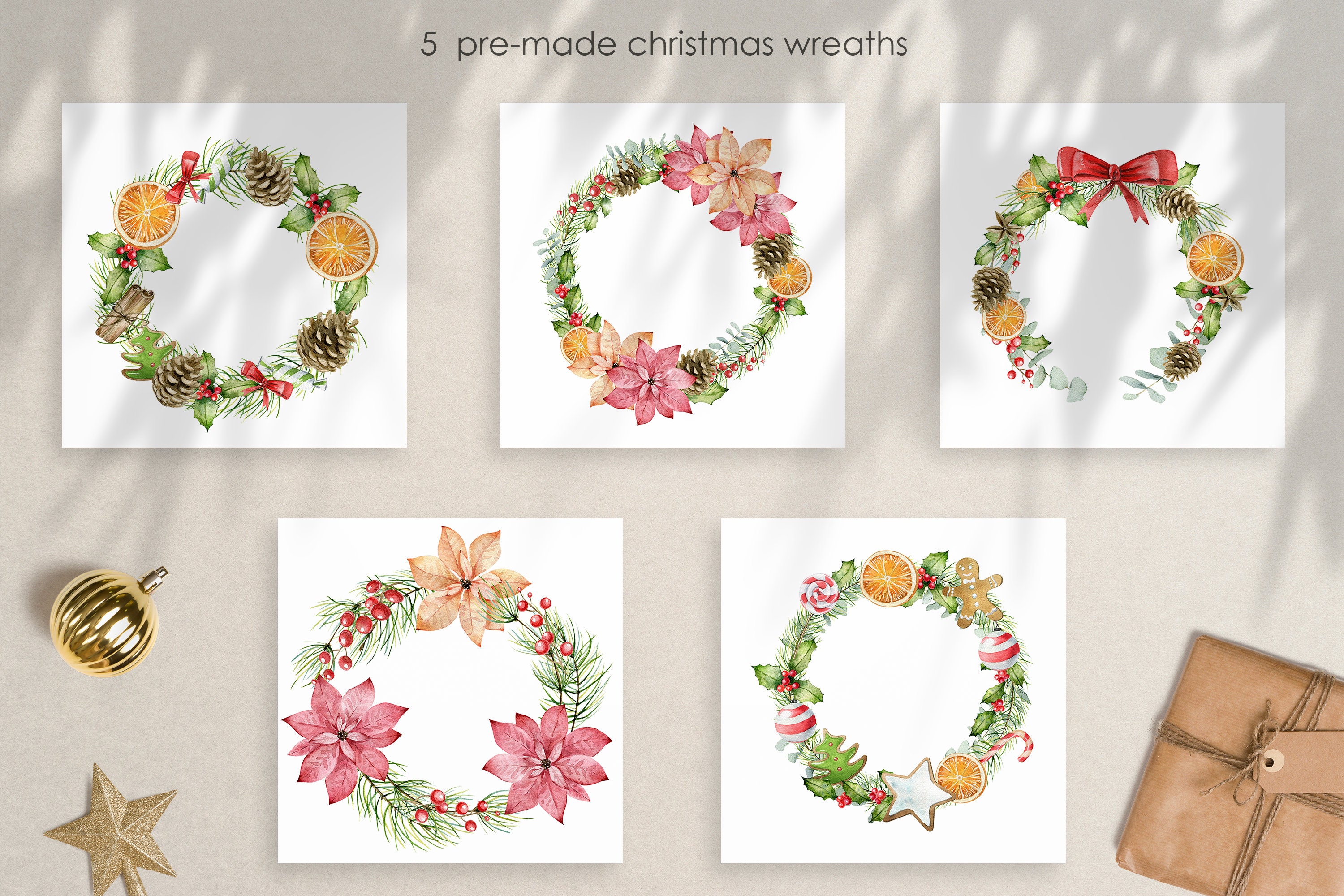 Watercolor Christmas Wreath Clipart PNG Winter Greenery - Etsy