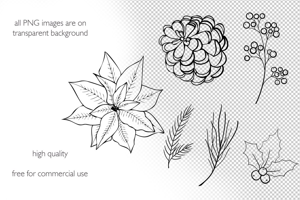 Christmas Clipart SVG PNG, Vector Christmas Line Art Clipart, Christmas ...