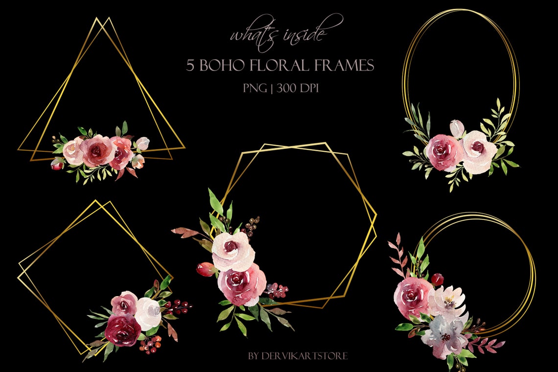 Watercolor Boho Floral Geometric Frames Clipart. Burgundy | Etsy